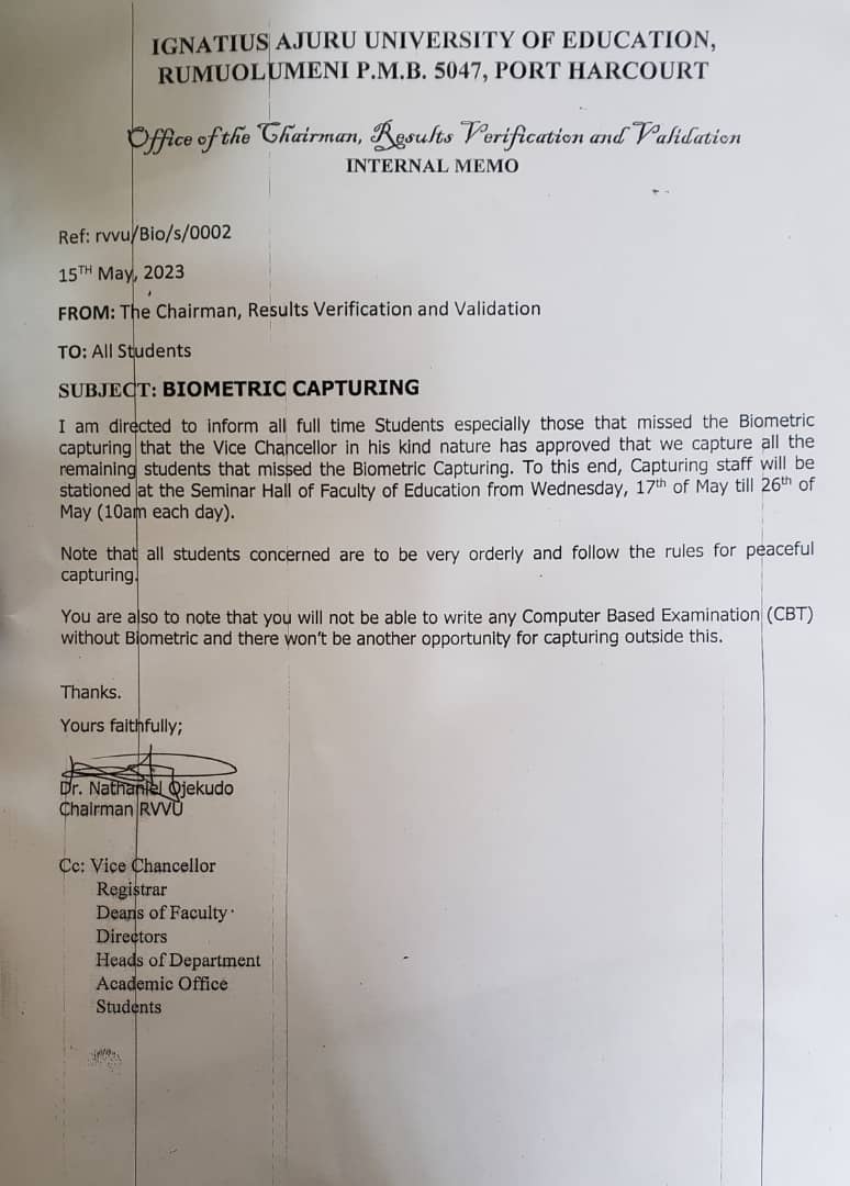 INTERNAL MEMO: BIOMETRIC CAPTURING - Iaue Students Affairs Unit
